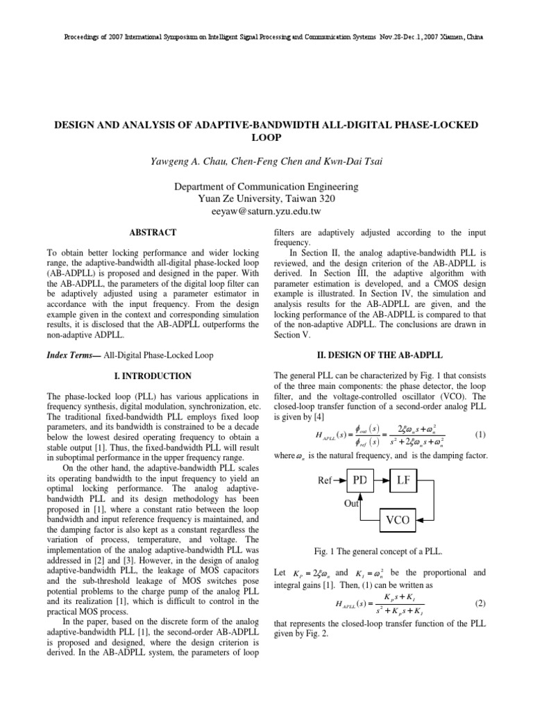 Design and Analysis of Adaptive-Bandwidth All-Digital Phase-Locked Loop | PDF | Signal ...