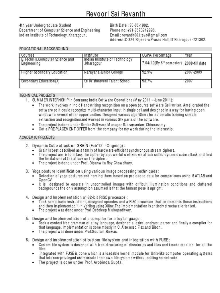 IIT Kharagpur Student Resume | PDF | Discrete Mathematics | Computer ...