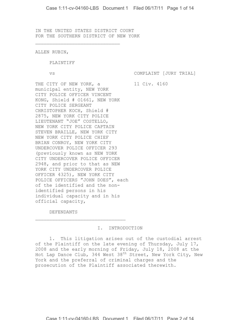 Summons and Complaint, U.S. District Court, SDNY, Rubin v. NYC Police ...