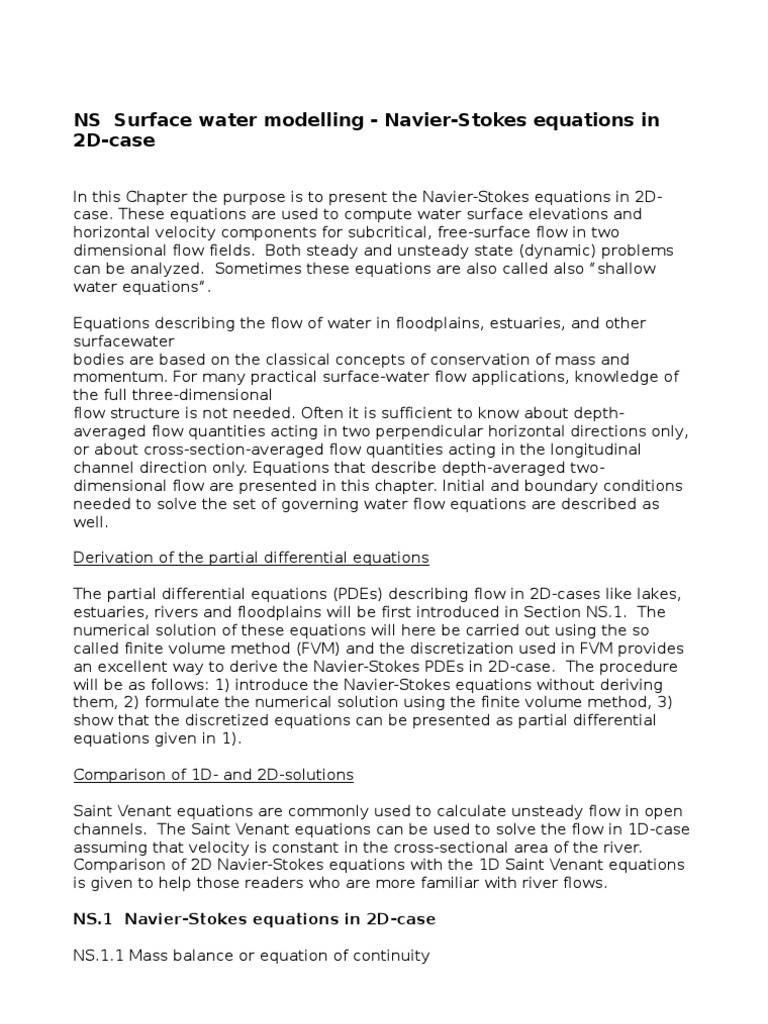 NS Surface Water Modelling - Navier-Stokes Equations in 2d-Case | PDF ...