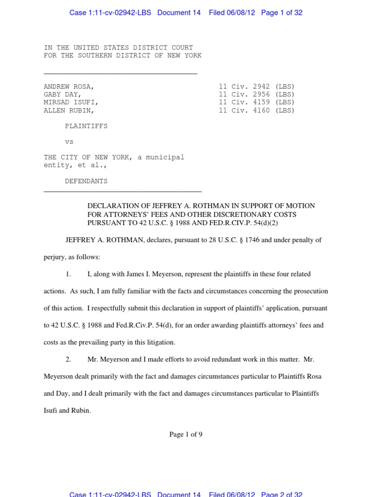 Rothman Attorney Fees Declaration in Civil Rights Suit Against NYPD ...