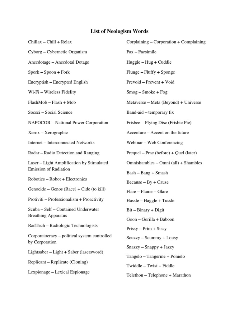 List of Neologism and Portmanteau Words | PDF | Linguistics