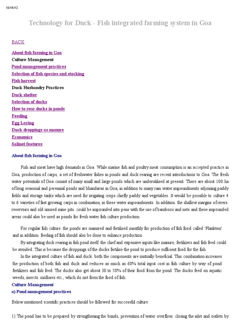 Technology For Duck - Fish Integrated Farming System in Goa | PDF ...