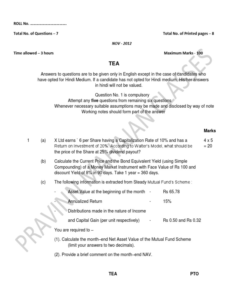 CA Final SFM Nov 2012 Question Paper | PDF | Stocks | Financial Capital