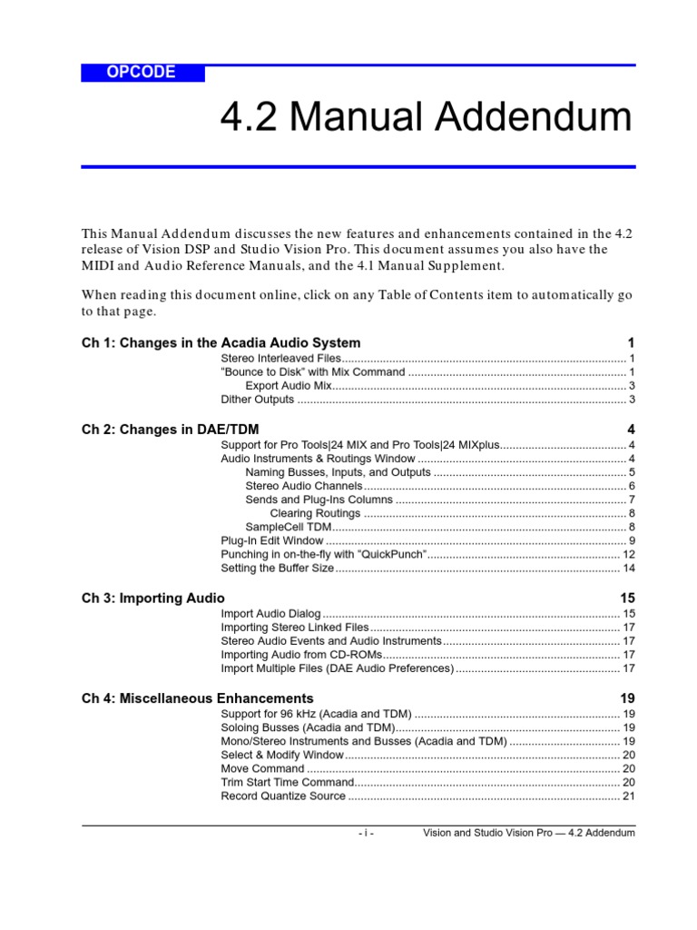 Opcode Vision DSP and Studio Vision 4.2 Manual Addendum 1998 | PDF | Sound Recording | Sound ...