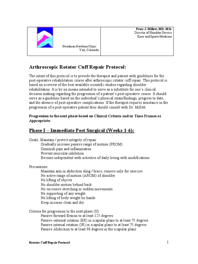 Arthroscopic Rotator Cuff Repair Protocol:: Peter J. Millett, MD, MSC ...