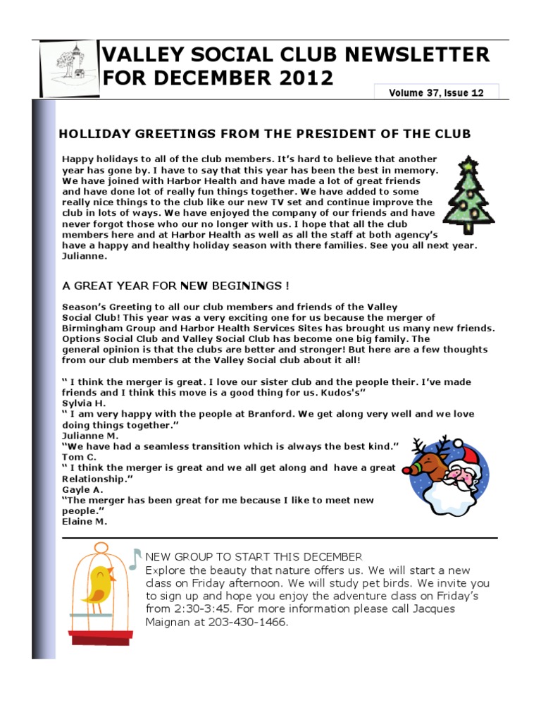 Valley Social Club Newsletter For December 2012: Holliday Greetings ...