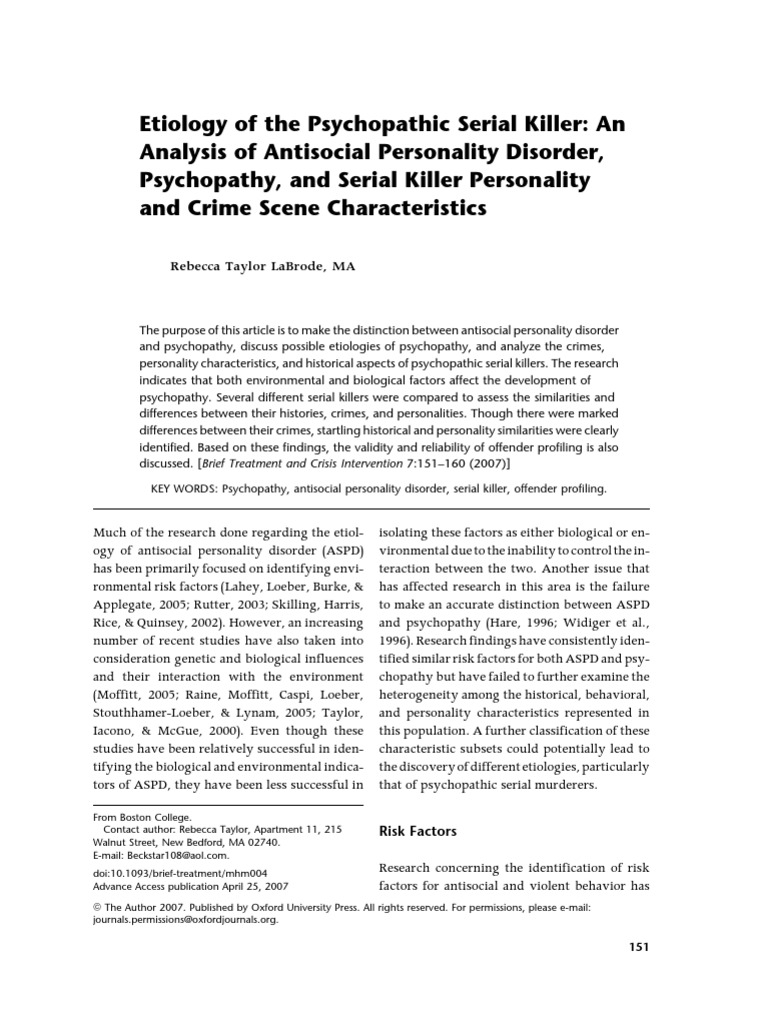 Psychopathy in Serial Killers: Analysis | PDF | Psychopathy | Offender ...