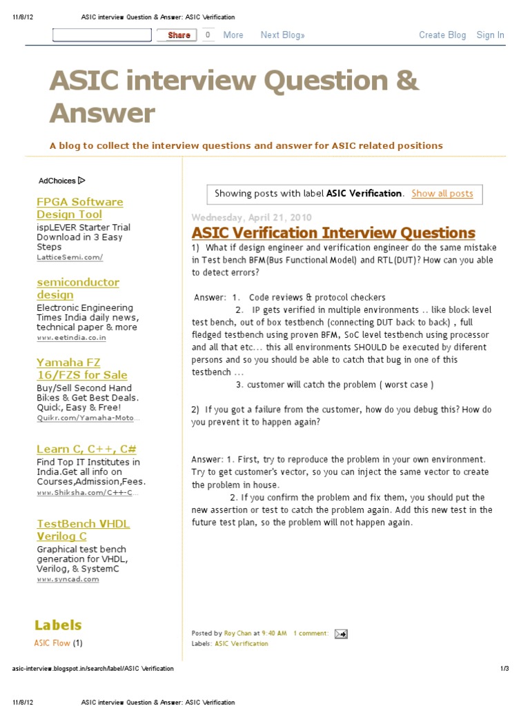 ASIC Interview Question & Answer - ASIC Verification | PDF | Vhdl | Design
