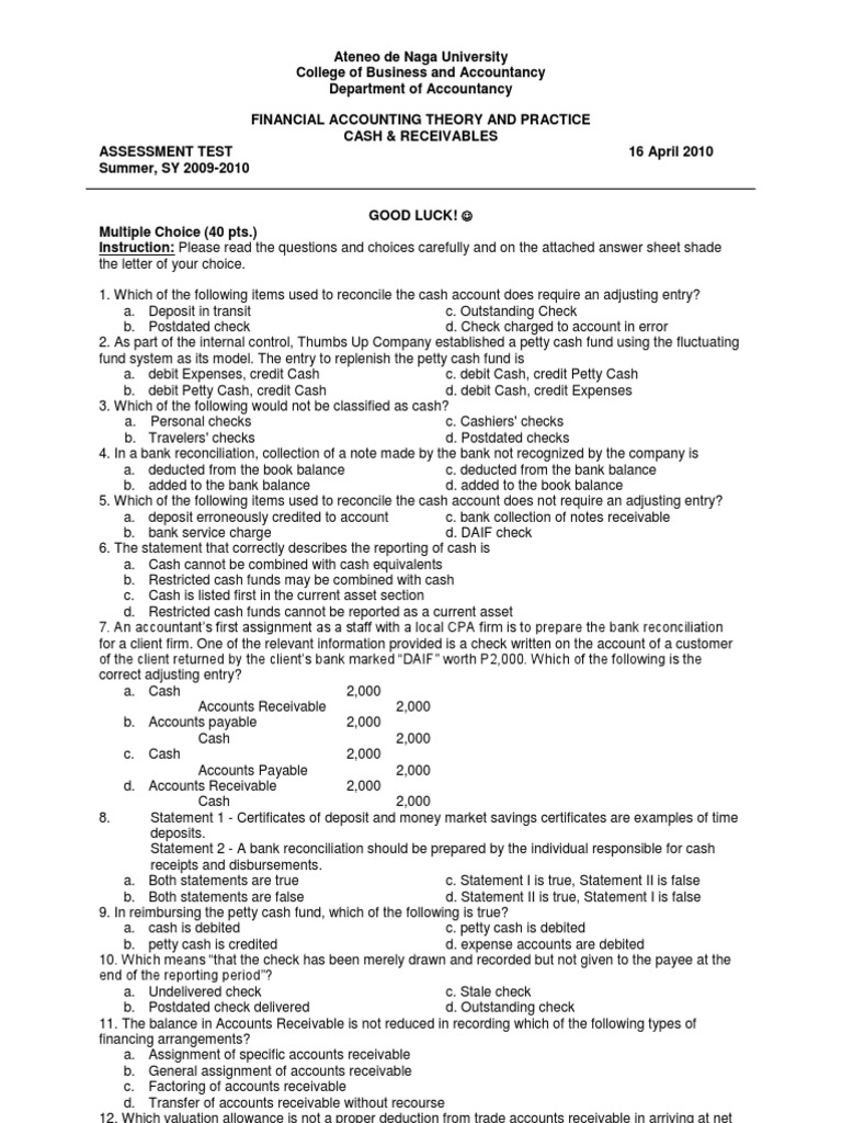 Assessment Test 2nd Cash&Rec | PDF | Debits And Credits | Bad Debt