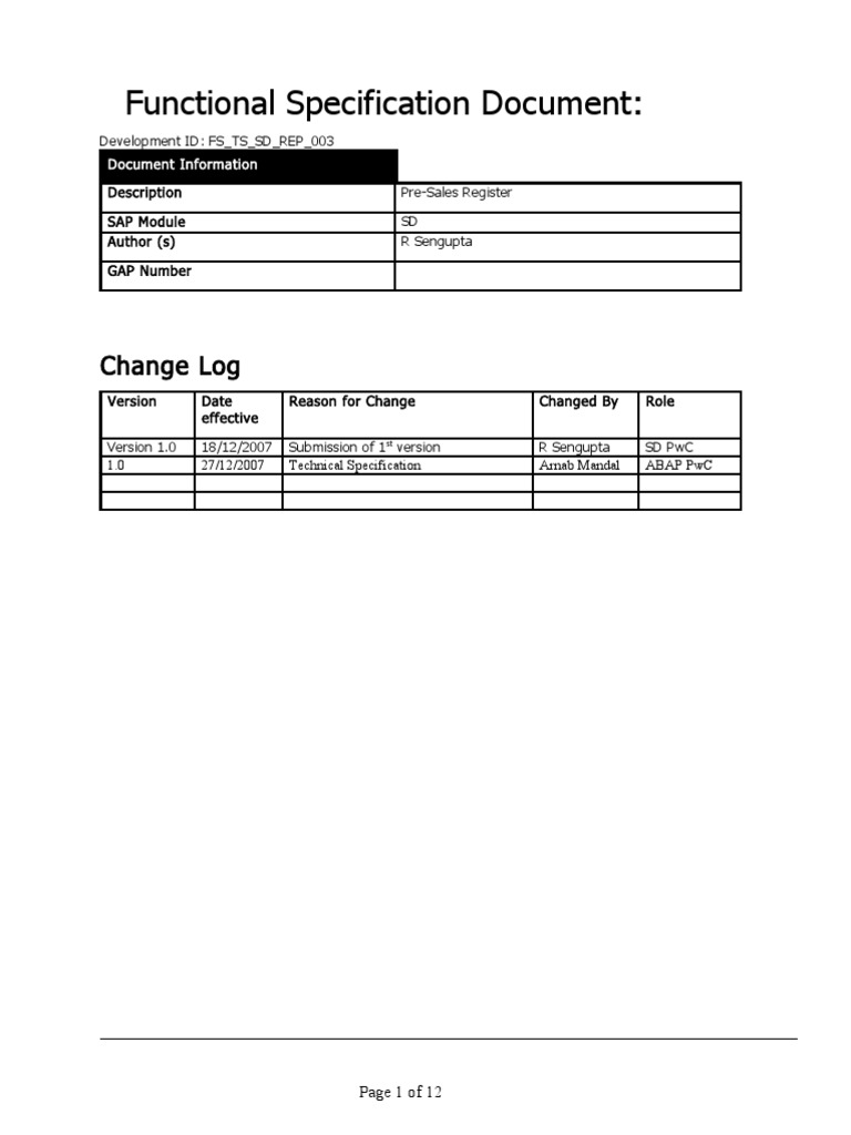 SPEC10 - Pre-Sales Register | PDF | Specification (Technical Standard) | Computing