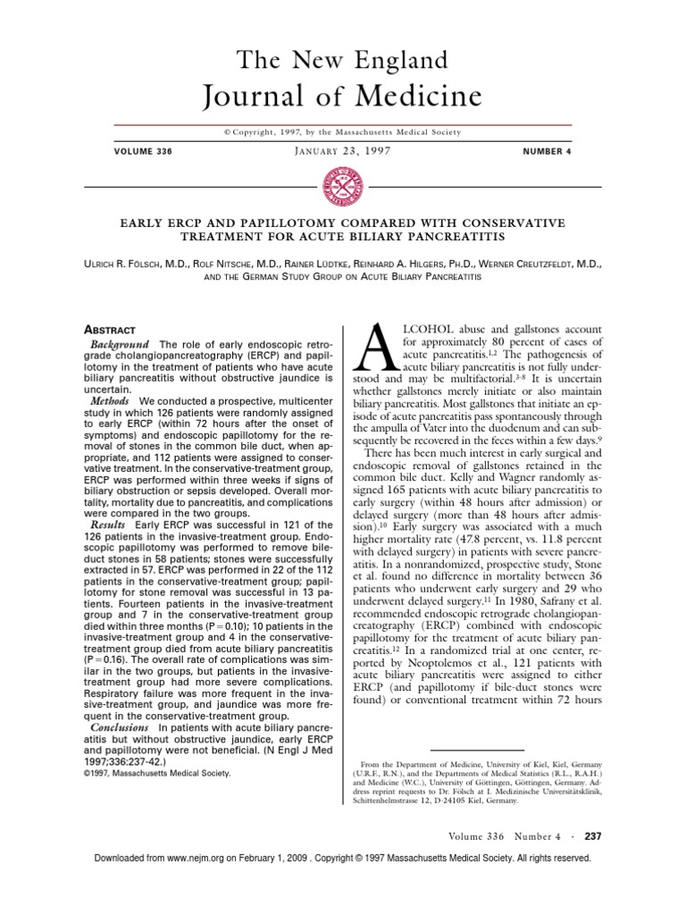 Early Ercp and Papillotomy Compared With Conservative Treatment For ...