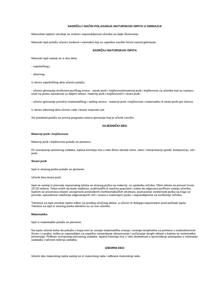 Maturski Ispit U Gimnaziji | PDF