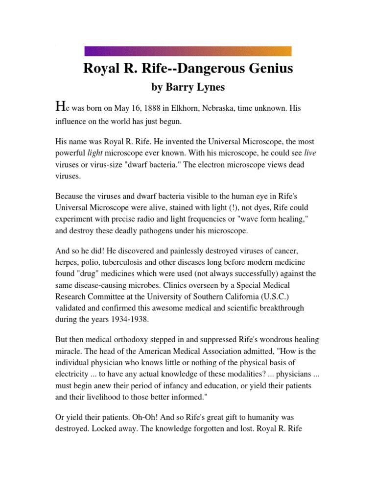 Royal R. Rife - Dangerous Genius: by Barry Lynes | PDF | Medicine ...
