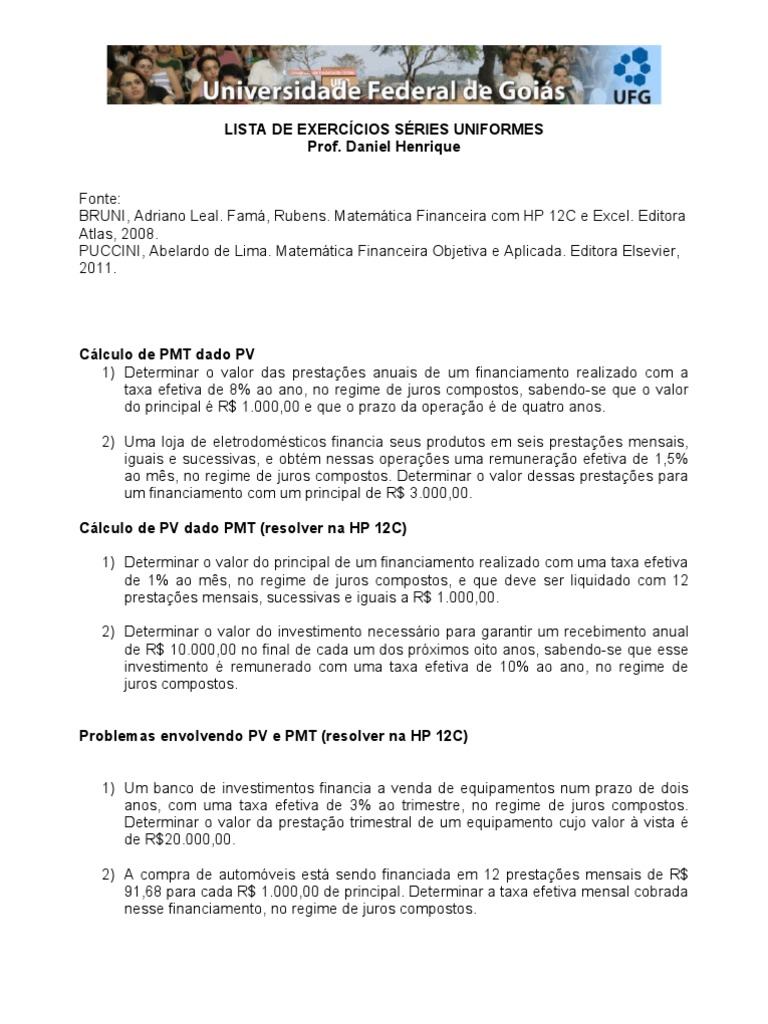 Lista de Exercicios de Series Uniformes | PDF | Juros | Dinheiro