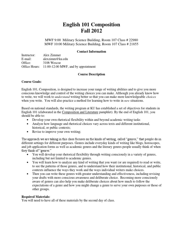 Syllabus Fall 12 English 101 Composition | PDF | Genre | Academic ... Syllabus Fall 12 English 101 Composition | PDF | Genre | Academic ...