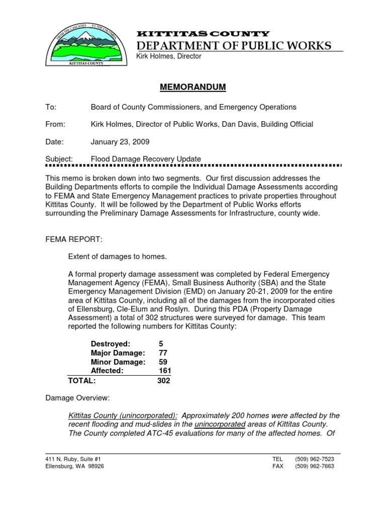 Kittitas County Department of Public Works Fllod Damage Recovery Memo ...