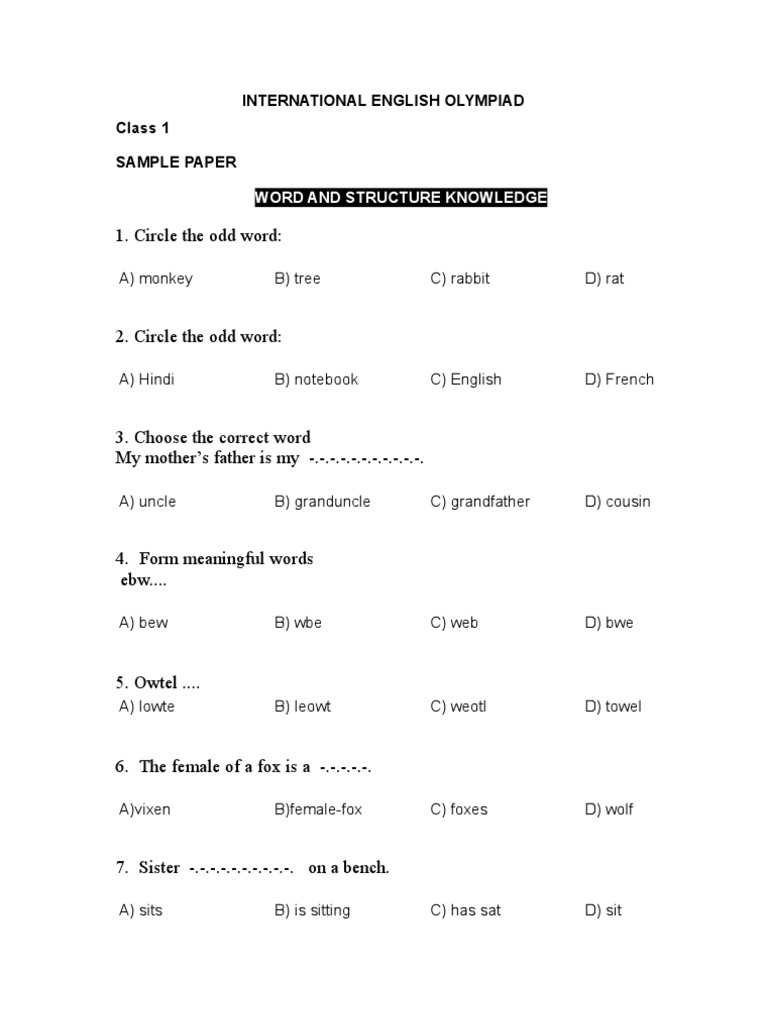 Class 1 Sample Paper | PDF