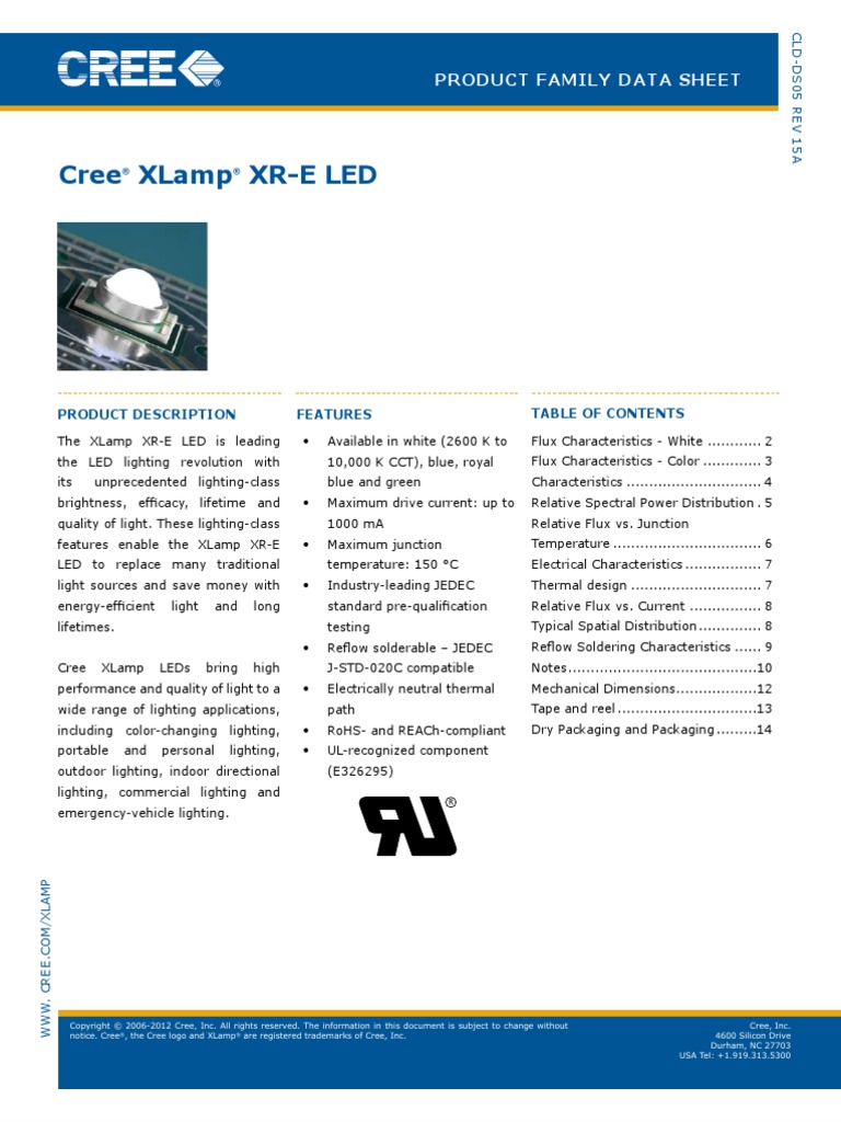 Cree Xlamp Xr-E Led: Product Family Data Sheet | PDF | Light Emitting ...