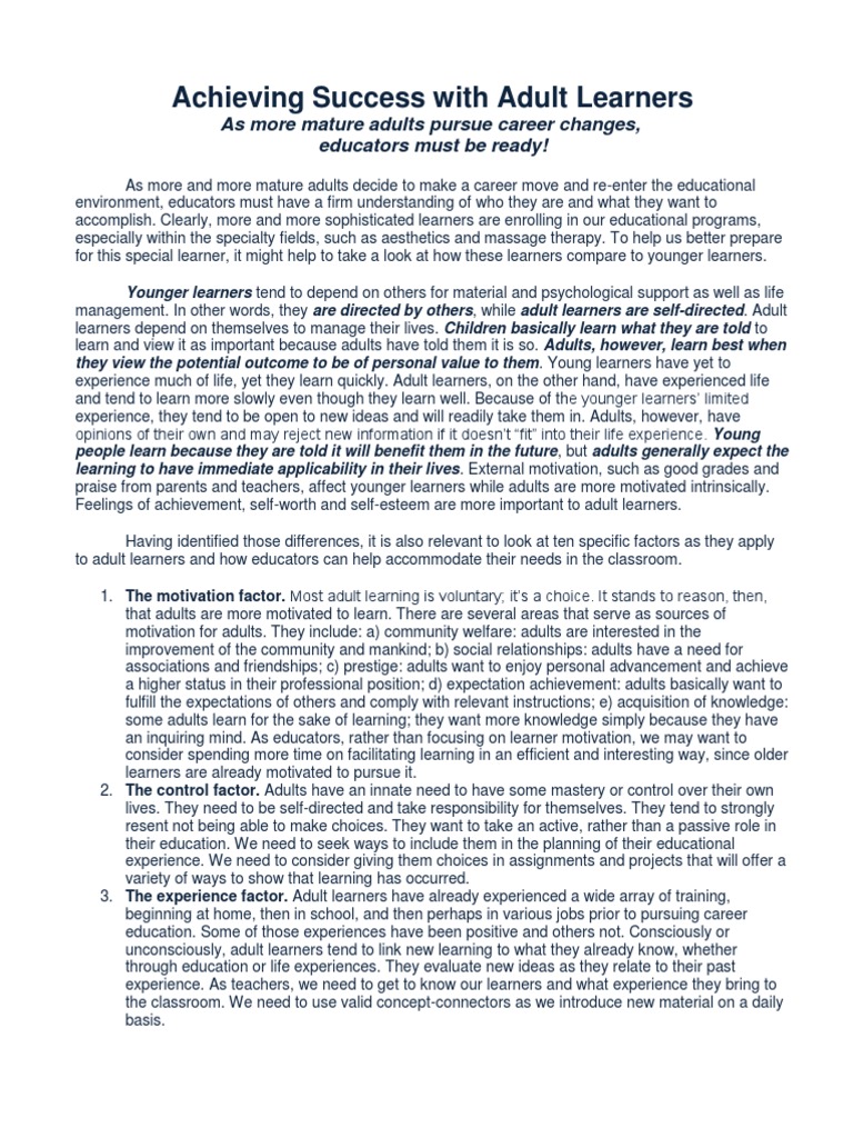Achieving Success With Adult Learners | PDF | Adult Education | Motivation