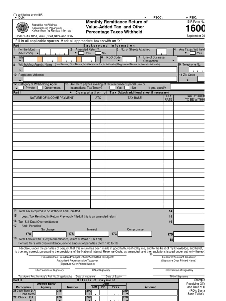 BIR Form 1600 | PDF | Withholding Tax | Value Added Tax