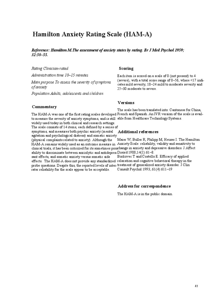 Hamilton Anxiety Rating Scale (HAM-A) | PDF | Psychiatric Diagnosis ...