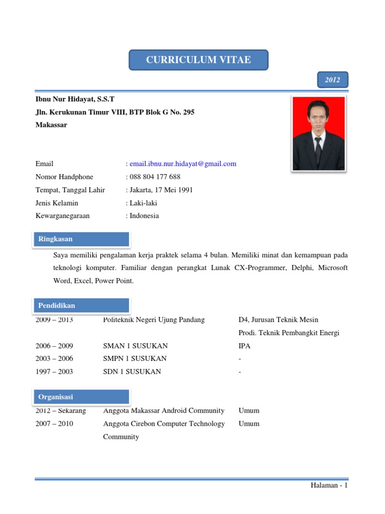 Contoh Curriculum Vitae Ibnu Nur Hidayat (Indo - 2012) | PDF | Évolution de carrière