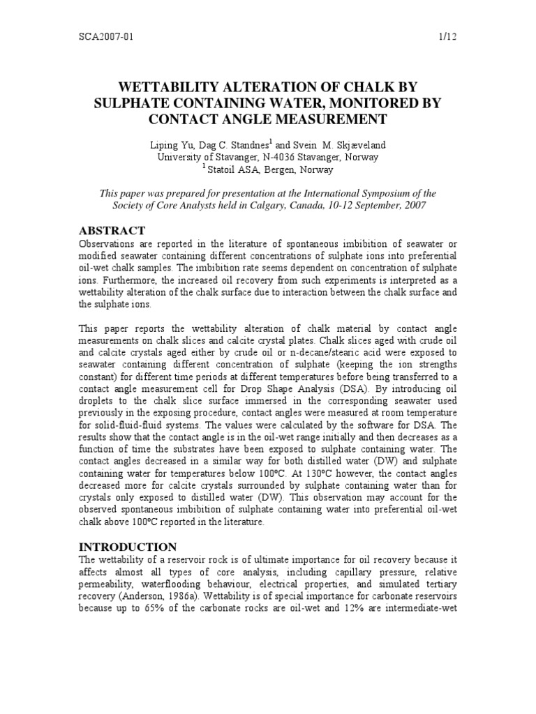 Wettability Alteration of Chalk by Sulphate Containing Water, Monitored ...