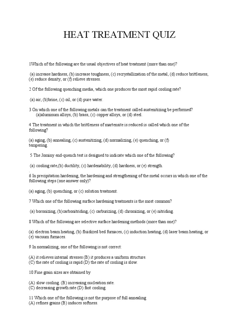 Heat Treatment Quiz and Answers | PDF | Heat Treating | Annealing ...