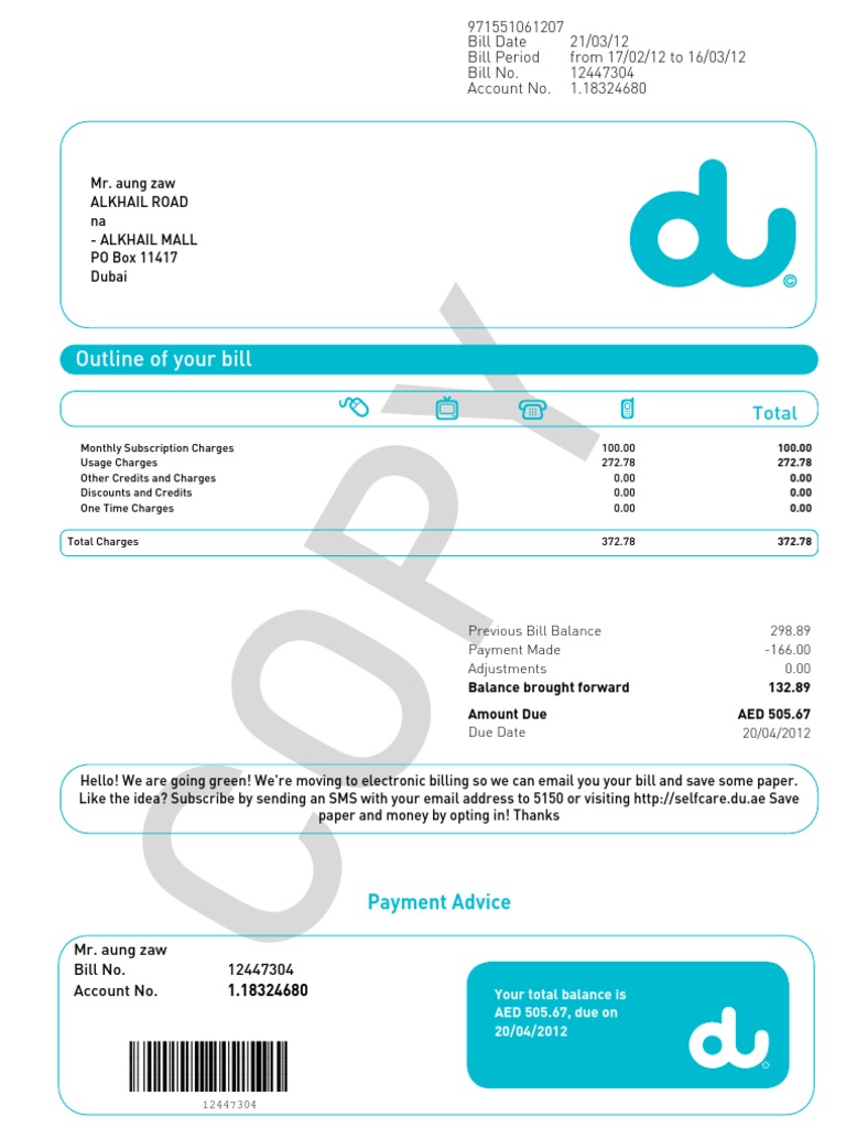 Du Bill 12447304 Mar 2012 | PDF | Cheque | Credit Card