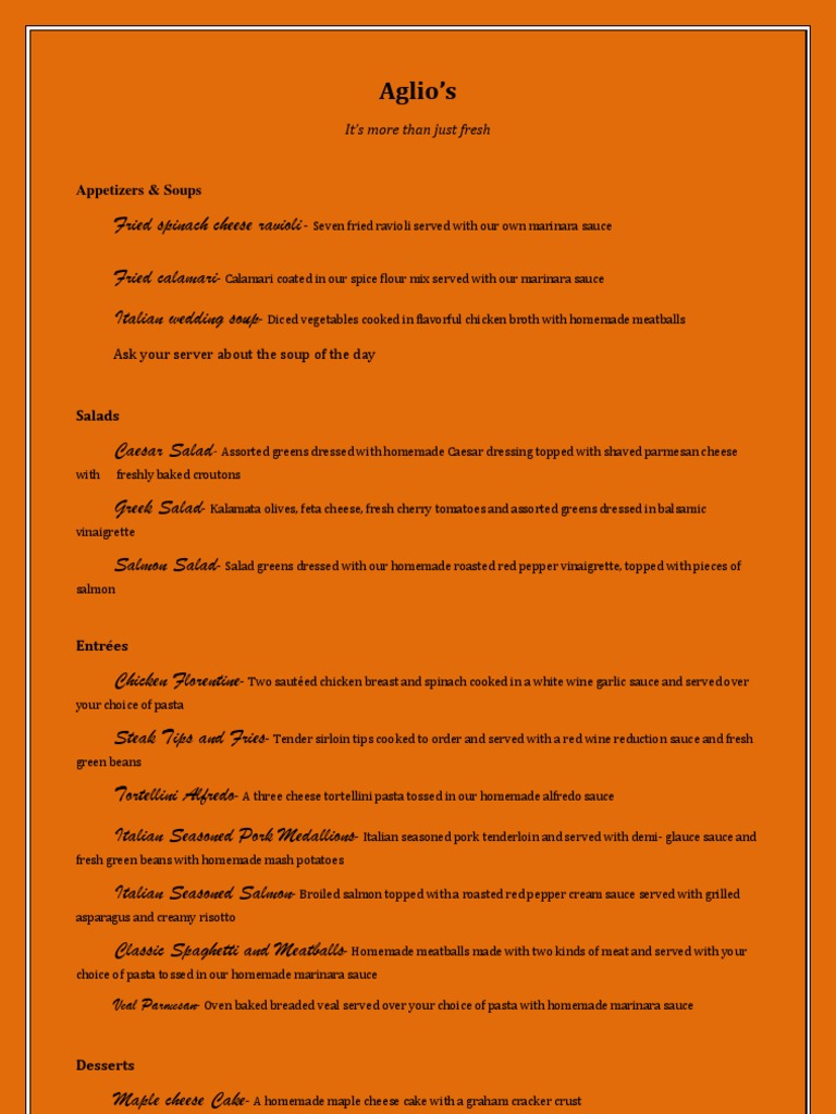 Aglio's Menu: Italian Cuisine Highlights | PDF | Cooking, Food & Wine