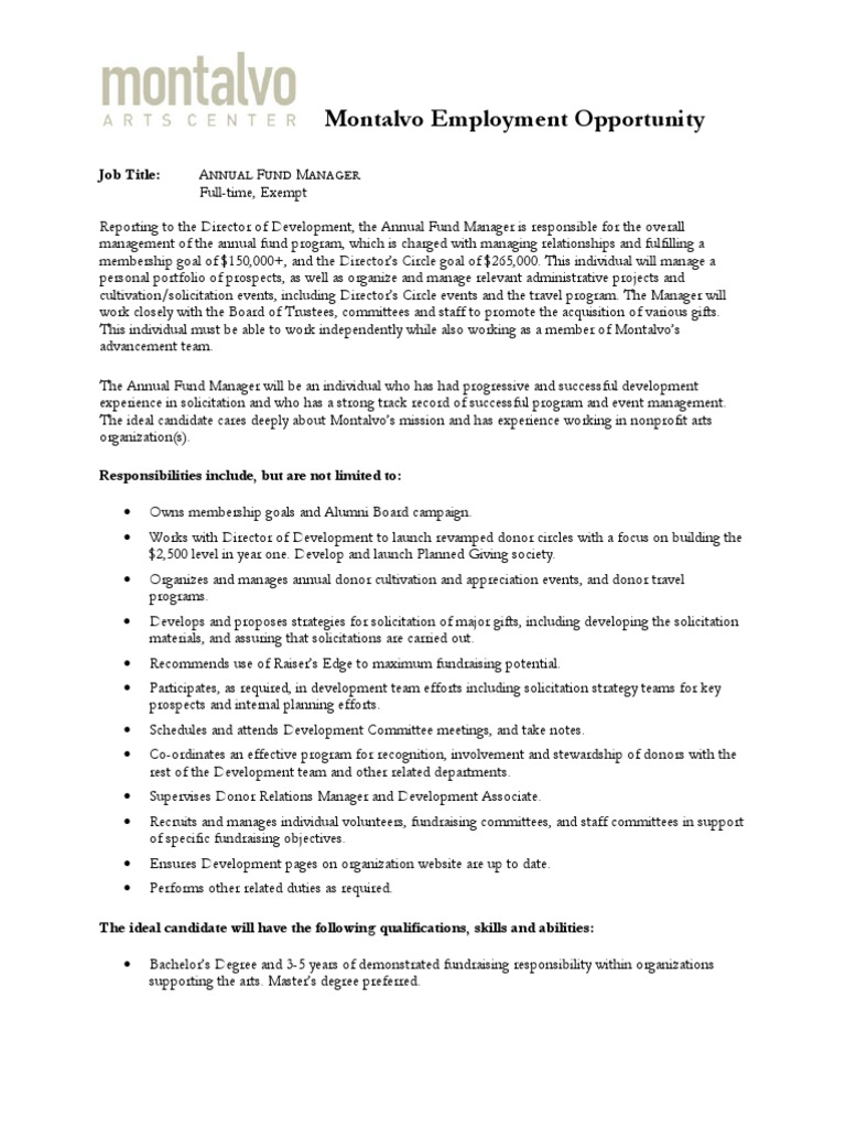 Annual Fund Manager Job at Montalvo | PDF | Fundraising | Business