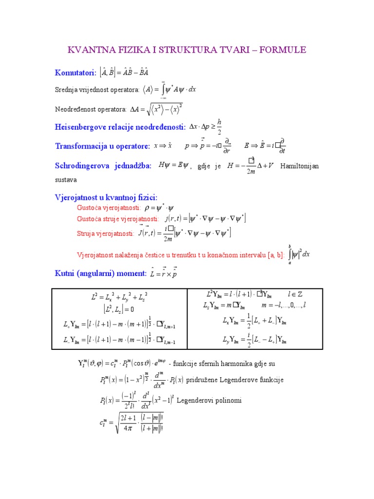 Kvantna Fizika I Struktura Tvari-Formule | PDF