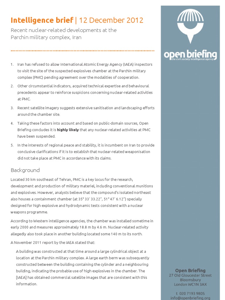 Intelligence Brief: Recent Nuclear-Related Developments at The Parchin ...