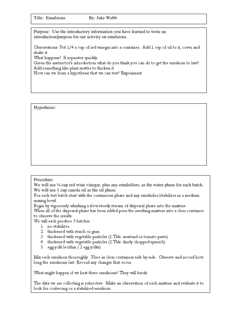 Emulsions Lab | PDF | Emulsion | Physical Chemistry