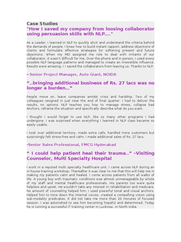 NLP Case Studies | PDF | Neuro Linguistic Programming | Physical Therapy