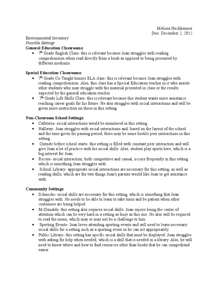 Environmental Inventory | Special Education | Teachers