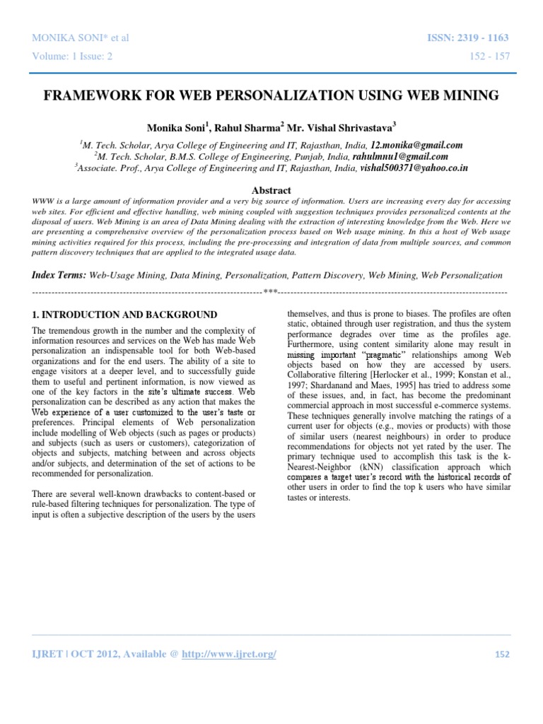 Framework For Web Personalization Using Web Mining | PDF | Data Mining | Cluster Analysis