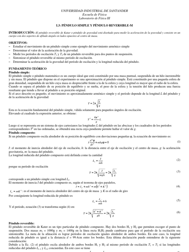 L3. Péndulo Simple y Péndulo Reversible | PDF | Péndulo | Tiempo espacial