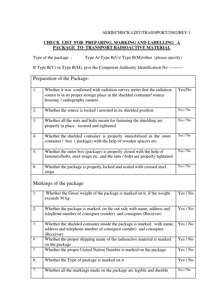 Radioactive Material Transport Checklist | PDF | Radioactive Decay ...