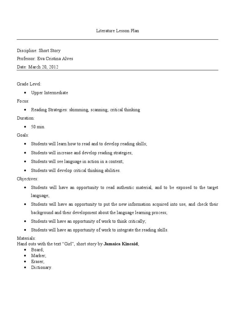 Short Story Lesson Plan | Reading (Process) | Advice (Opinion)