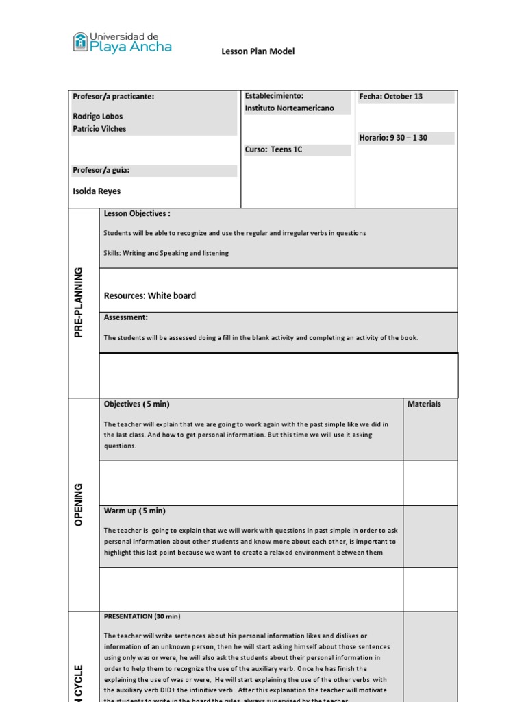 Past Simple Questions Lesson Plan | PDF