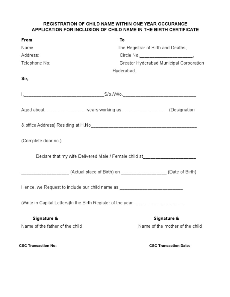 GHMC Child Birth Name Entry Before 1yr | PDF