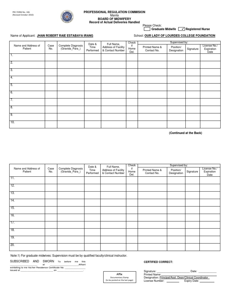 New PRC Form Midwifery | Midwife | Midwifery