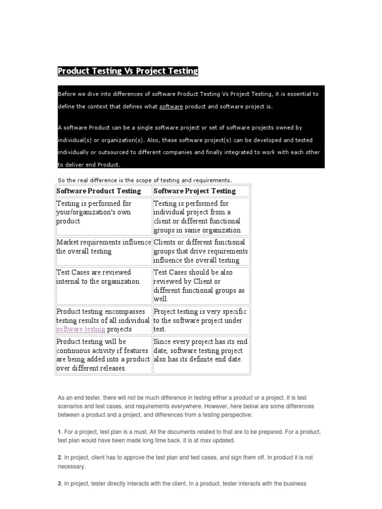 Product Testing Vs Project Testing | PDF | Software Testing | Software ...