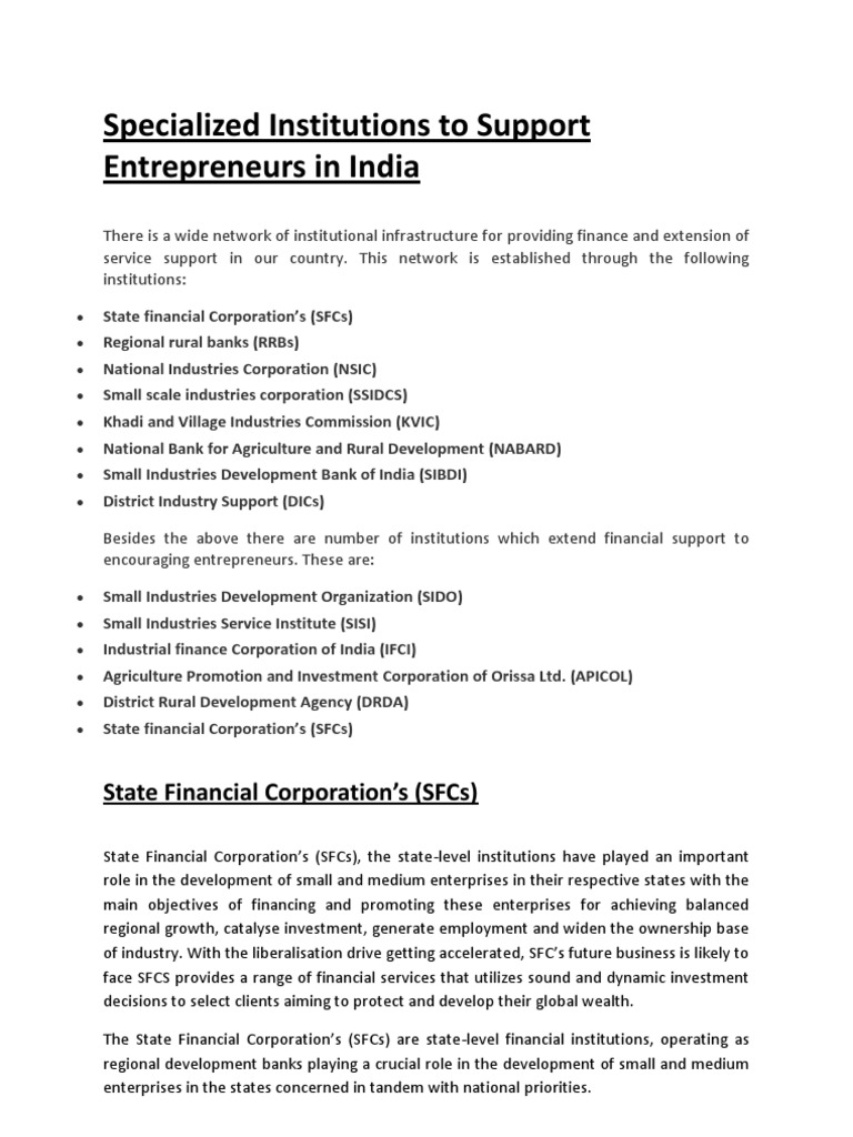 Institutions To Support Entrepreneurs in India | PDF | Financial ...