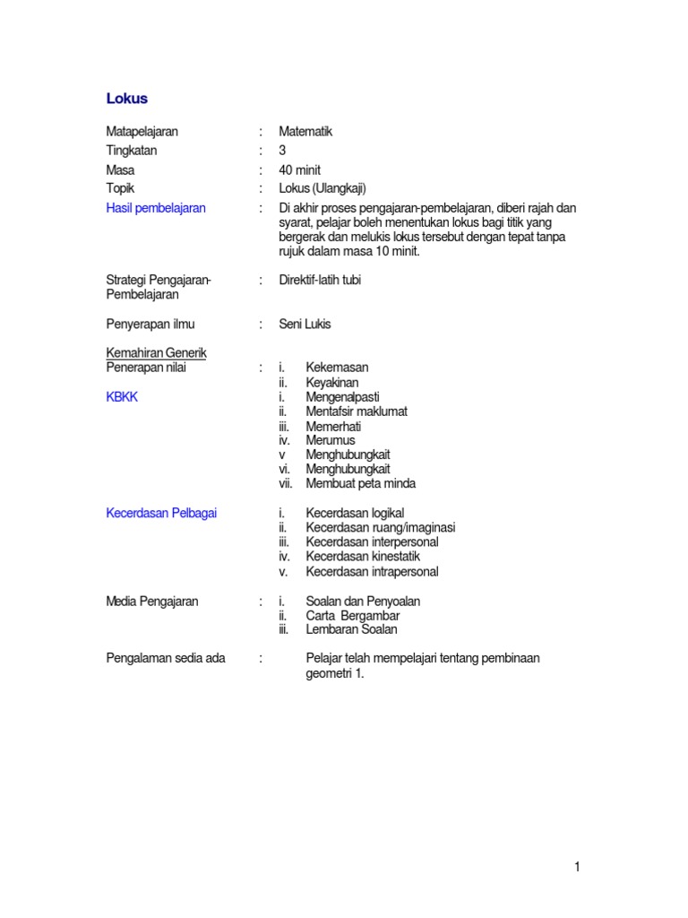 Contoh RPH Matematik (Lokus) | PDF