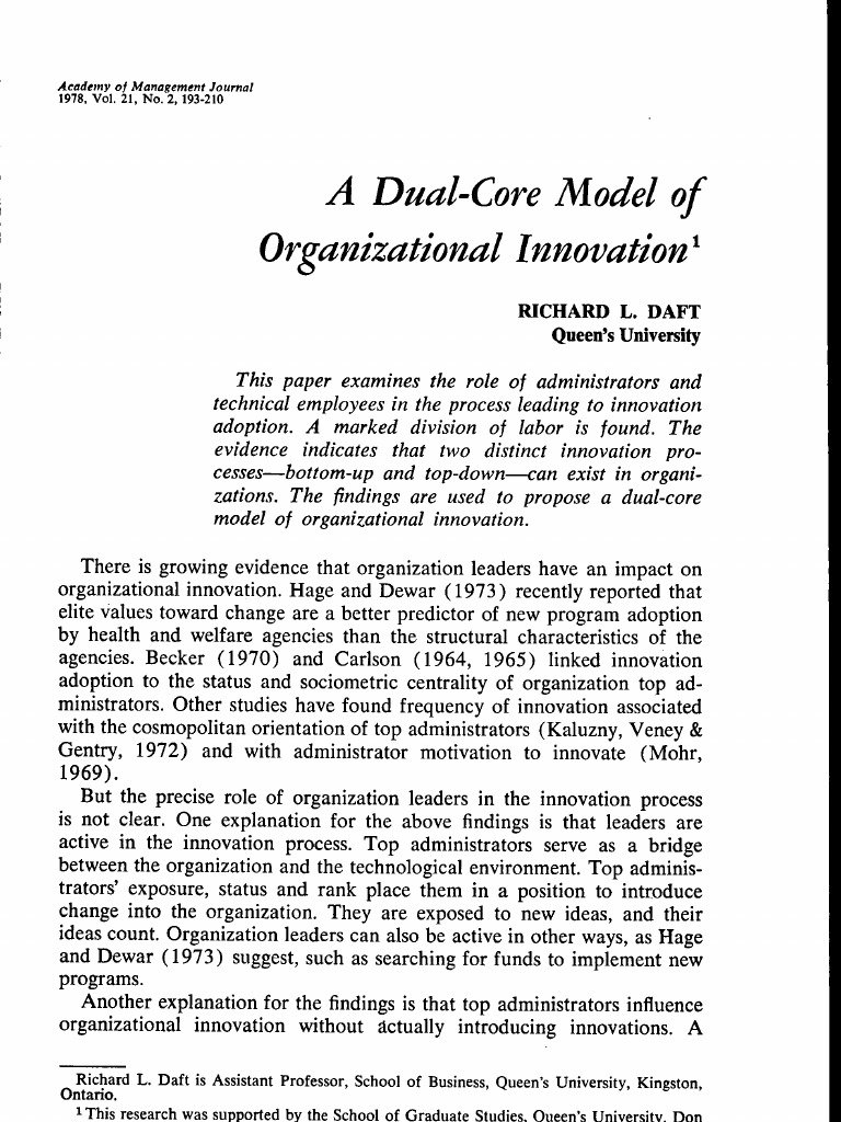Daft A Dual Core Model of Organizational Innovation (1978) | PDF ...