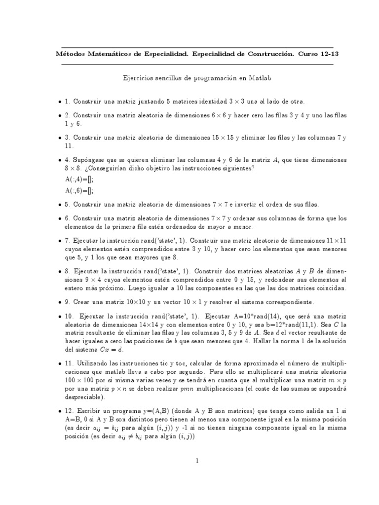 Ejercicios de Matlab | PDF | Matriz (Matemáticas) | Multiplicación