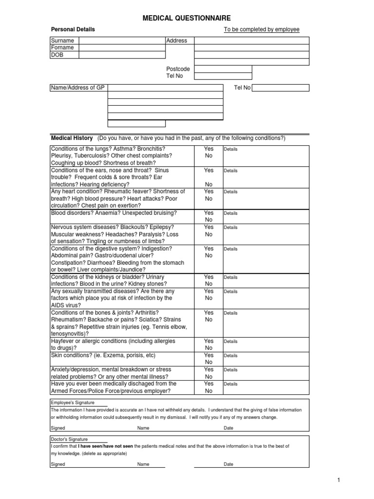 Employee Medical Questionnaire | PDF | Thorax | Rtt